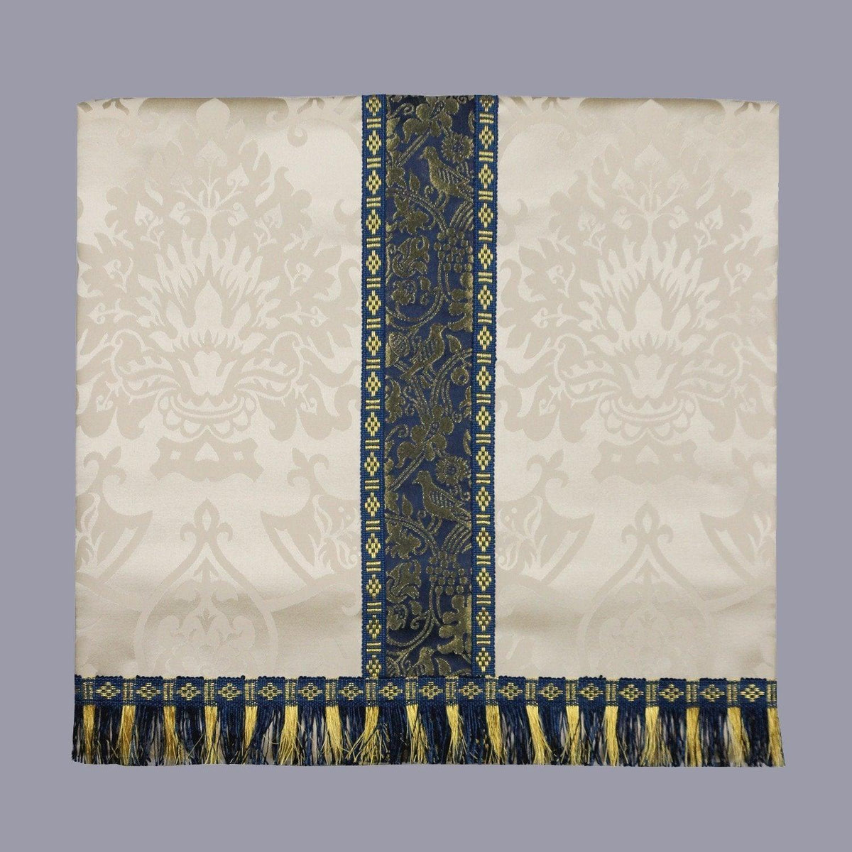 Cream Gothic pulpit fall with blue Hilliard orphreys – Watts & Co.